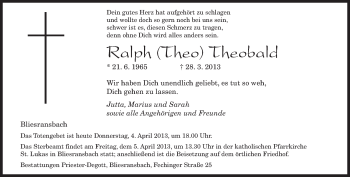 Traueranzeigen von Ralph Theobald | Saarbruecker-Zeitung.Trauer.de