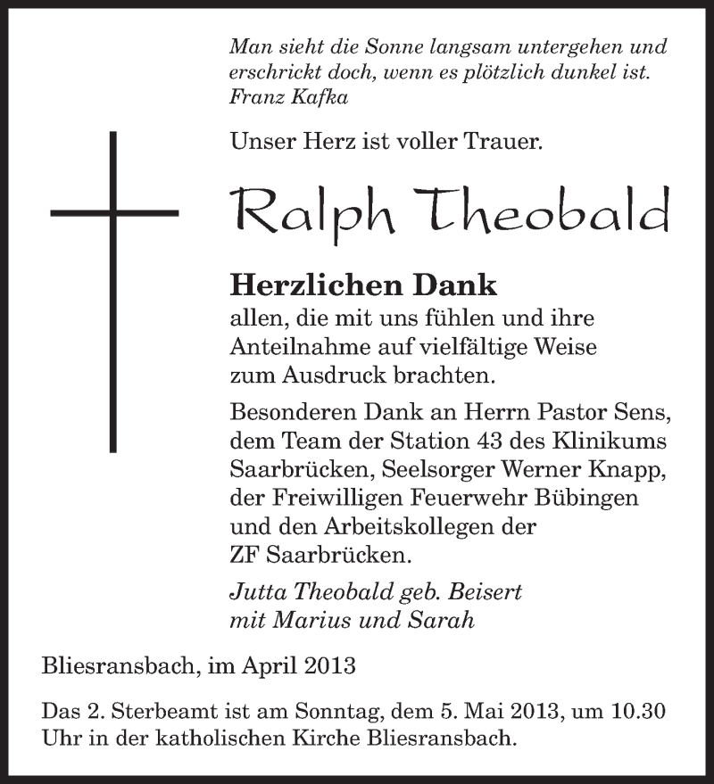 Traueranzeigen von Ralph Theobald | Saarbruecker-Zeitung.Trauer.de