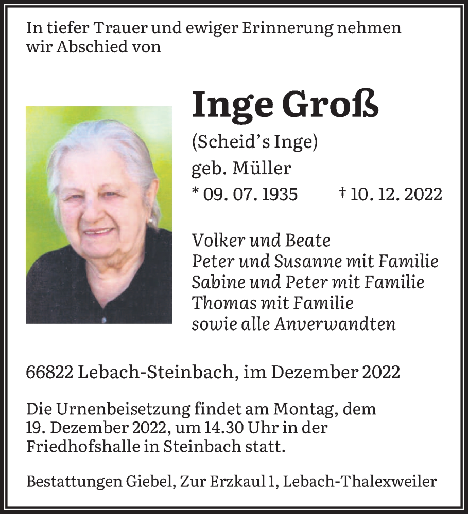 Traueranzeigen von Inge Groß | Saarbruecker-Zeitung.Trauer.de